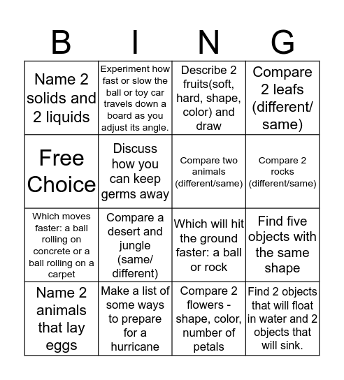 Science at Home Bingo Card