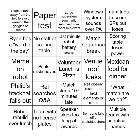VRC Bingo Card