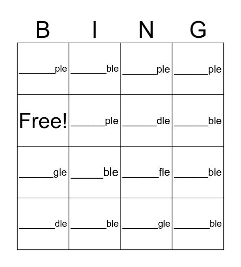 Consonant -le Bingo Card