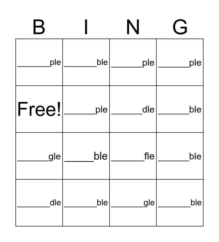 Consonant -le Bingo Card