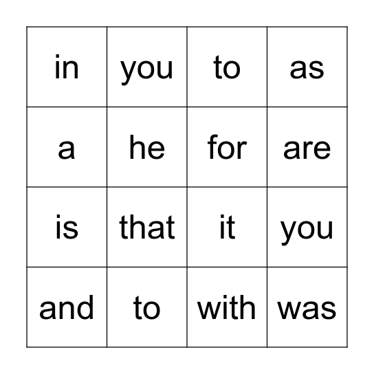 Site Word Bingo Card