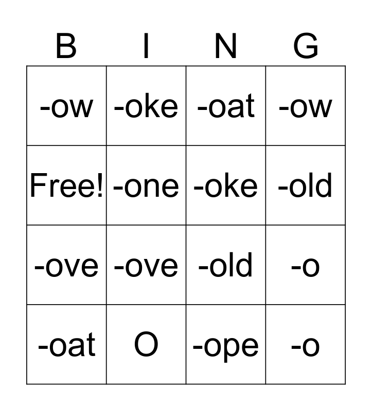 Long o Bingo Card