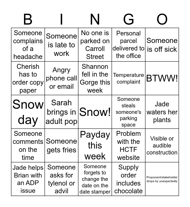 SNOW Bingo Card