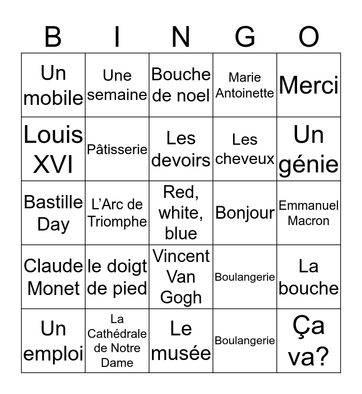 France Bingo Card