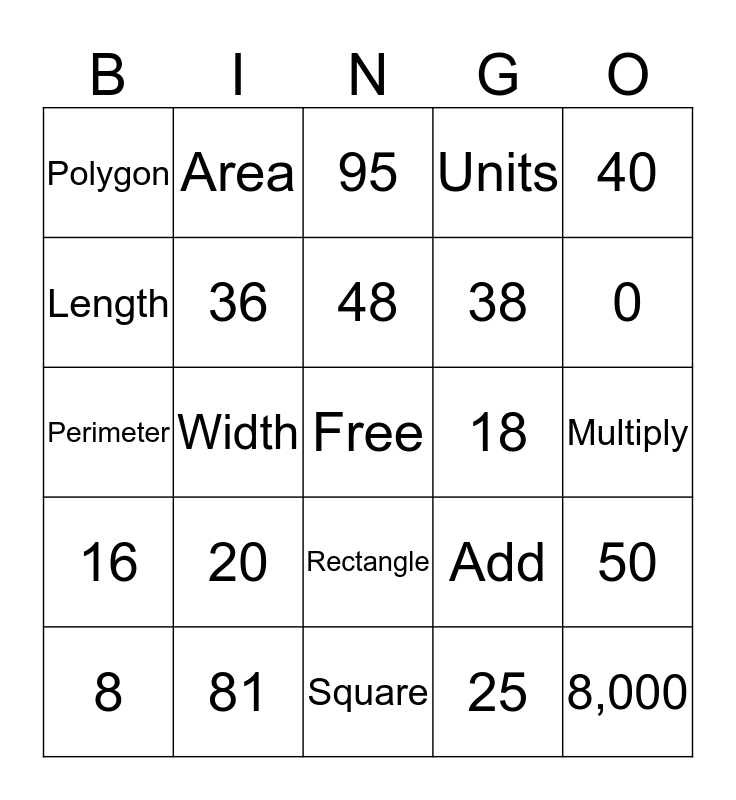 Area and Perimeter Bingo Card