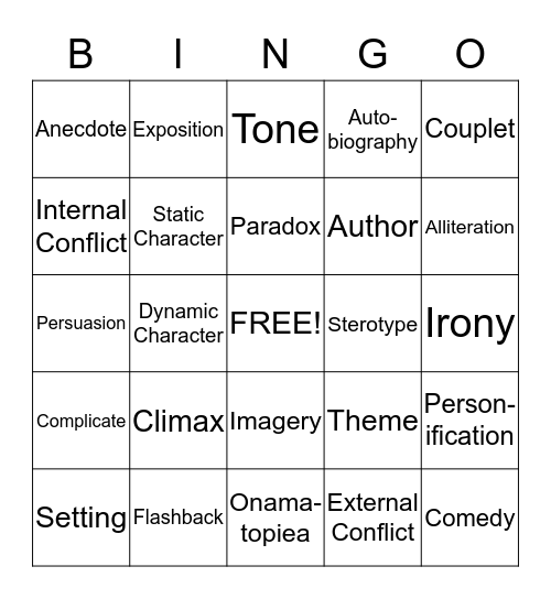 Literary Terms Bingo Card 1 Bingo Card