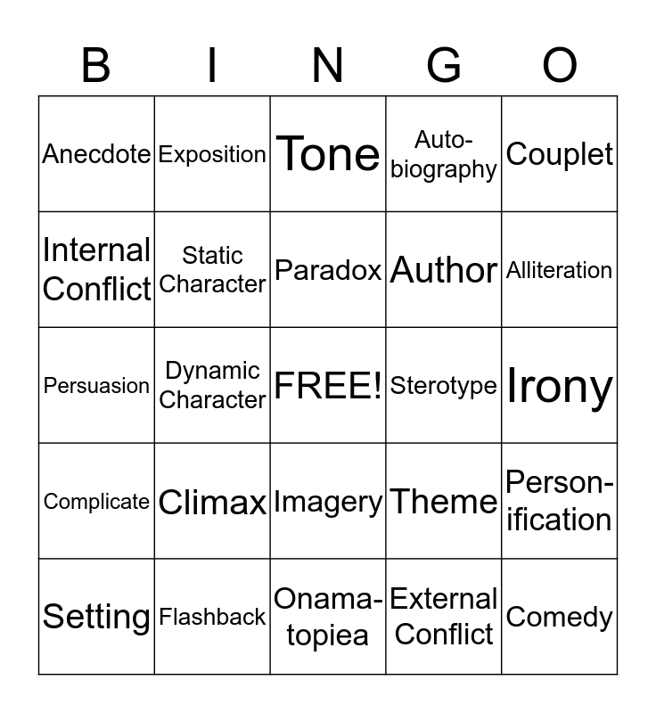 Literary Terms Bingo Card 1 Bingo Card