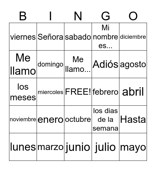 Los Meses y Los Dias de la Semana Bingo Card