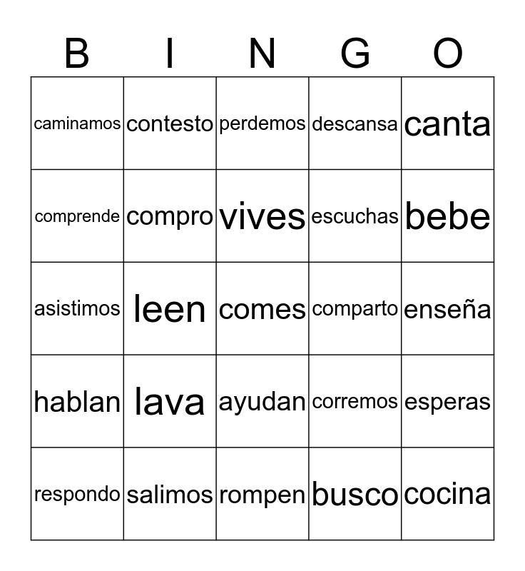 Regular -ar, -er, -ir verbs (present tense) Bingo Card