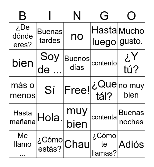 SPANISH GREETINGS AND FAREWELLS Bingo Card