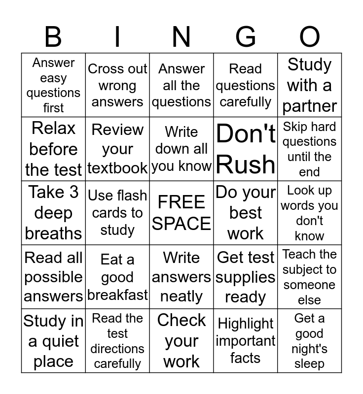 Study Skills and Test-Taking Tips Bingo Card