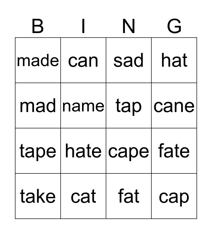 Short and long 'a' Bingo Card