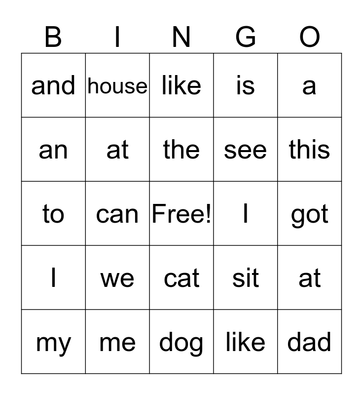 Snap Words Bingo Card