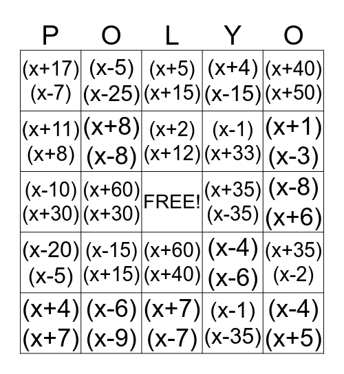 Polynomial Factoring Bingo Card