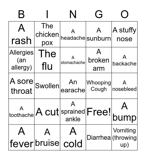 Level 3 - ARE YOU SICK? WHAT IS THE MATTER? Bingo Card