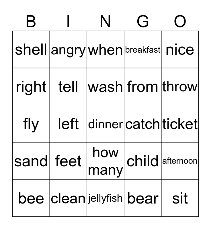 starters words Bingo Card