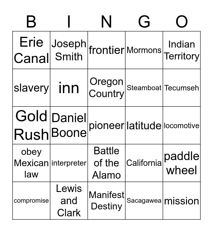Westward Expansion Bingo Card