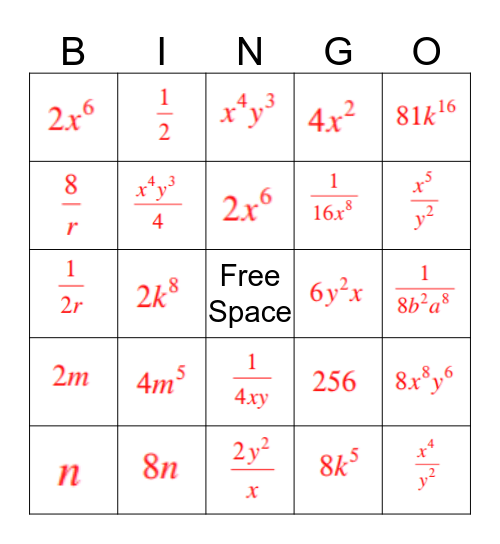 Properties of Exponents Bingo Card