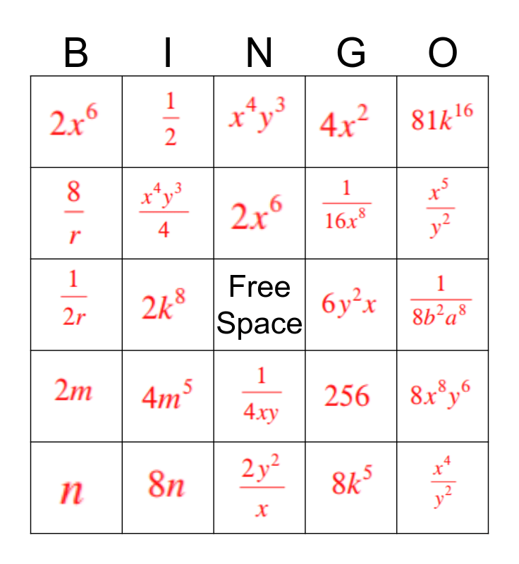 Properties of Exponents Bingo Card