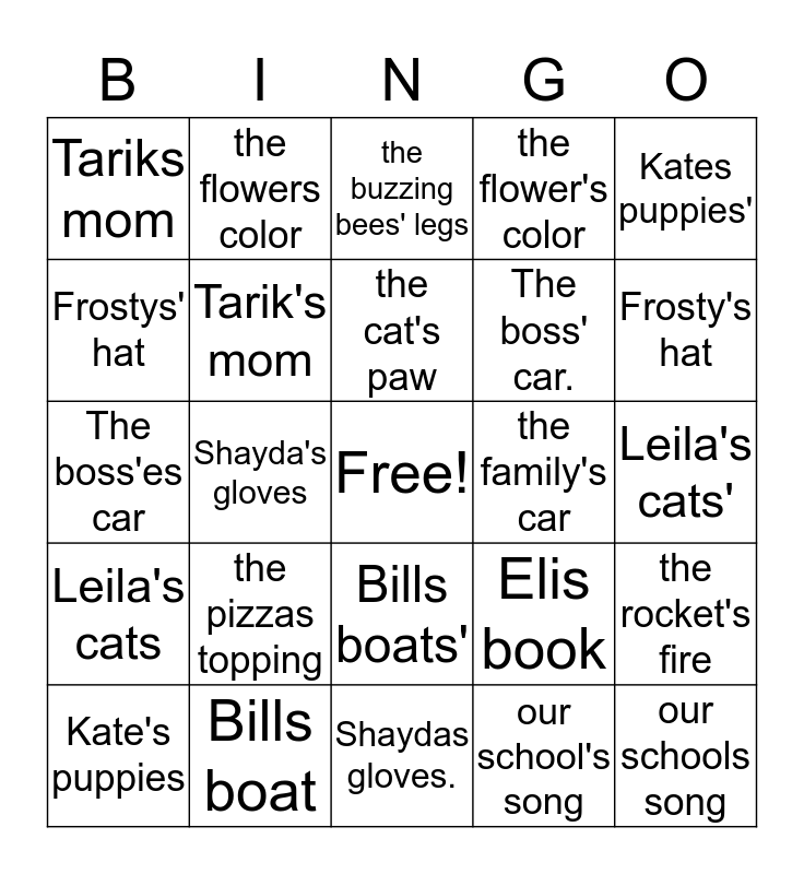 Possessive Apostrophe Bingo Card