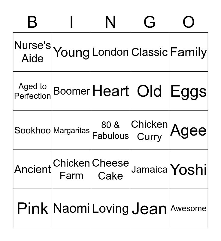 Jean's 80th Birthday Bingo Card