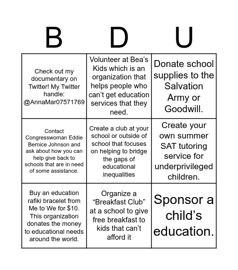 Equal Opportunity Education Bingo Card