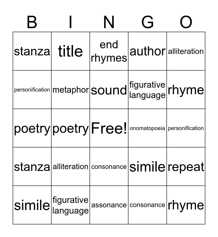 Poetry Bingo! Bingo Card