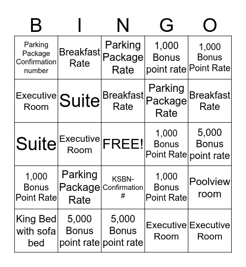 Premium Rooms and Packages BINGO Card