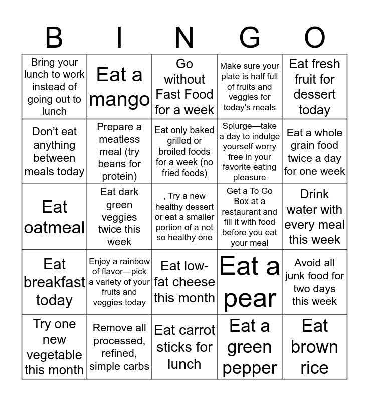 Healthy Eating Bingo Card