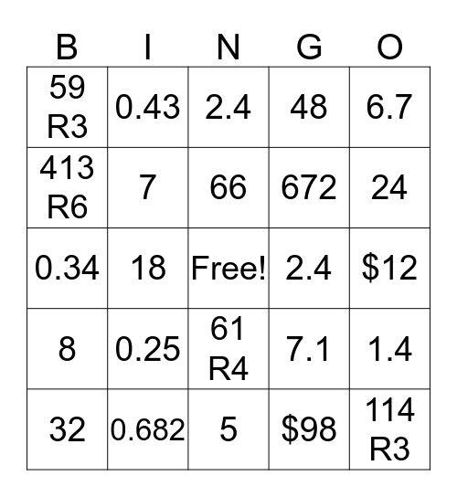Dividing Decimals Bingo Card