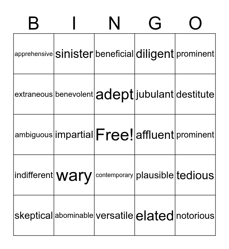 Awesome Adjectives, Sets 1-3 Bingo Card