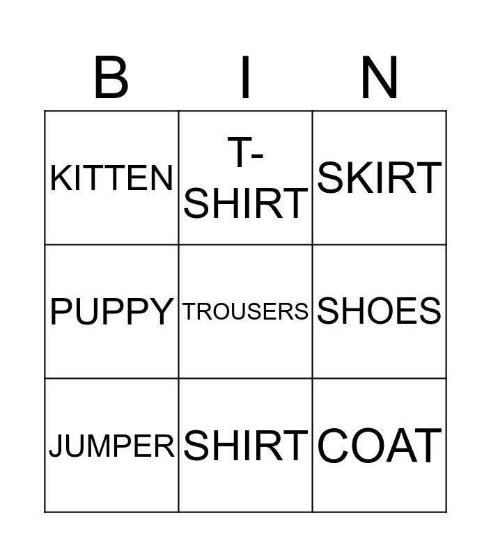 BINGO CLOTHING Bingo Card