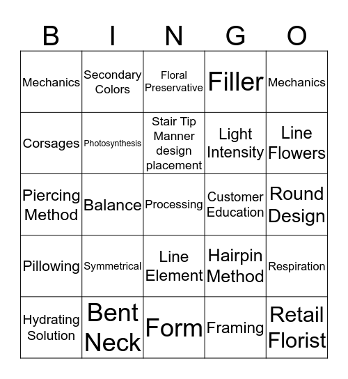 Floral Design Bingo Card