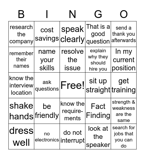 Job Interview Bingo Card