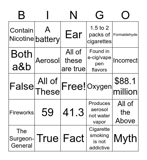 Tobacco and Vape Prevention Bingo Card