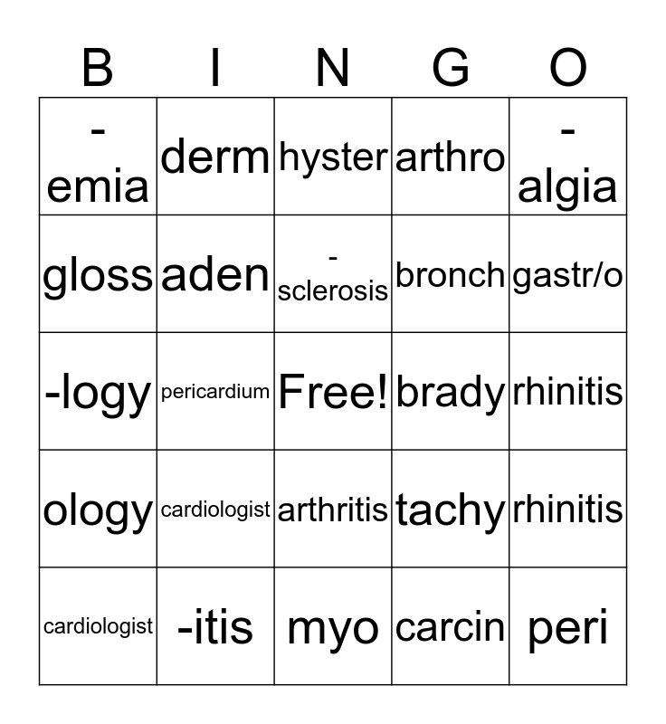 Medical Terminology Bingo Card