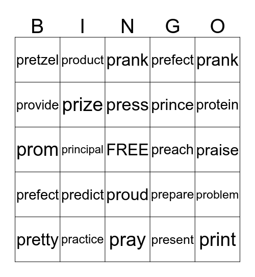 Consonant Blend 'pr' Bingo Card