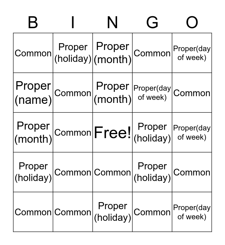 Common/Proper Noun Bingo Card