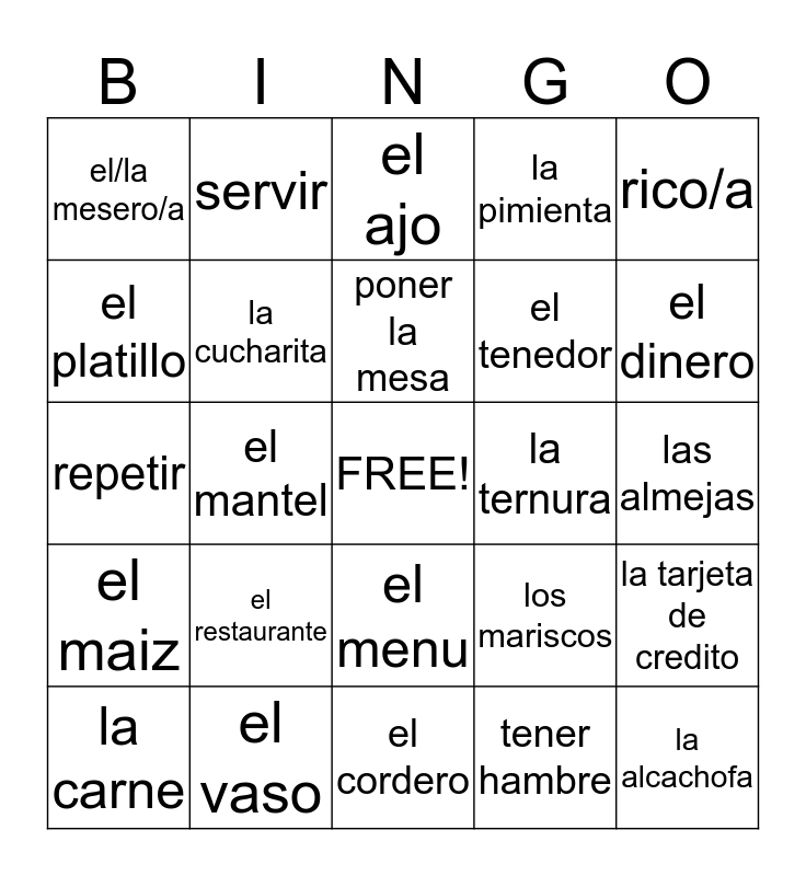 En el restaurante - Buen Viaje 2, Capitulo 2 Bingo Card