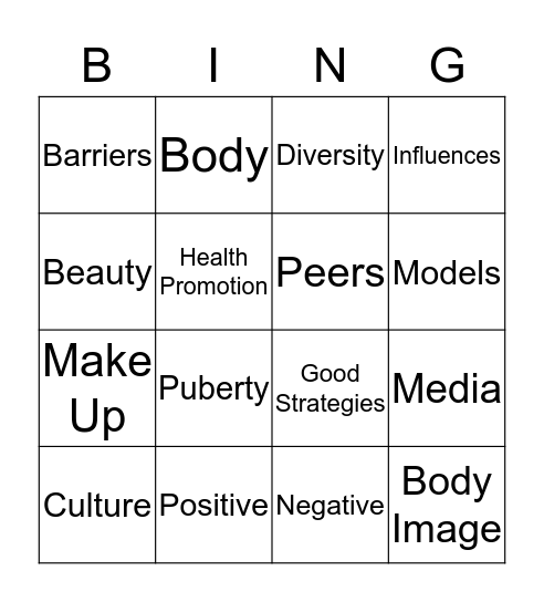 Body Image Bingo Card