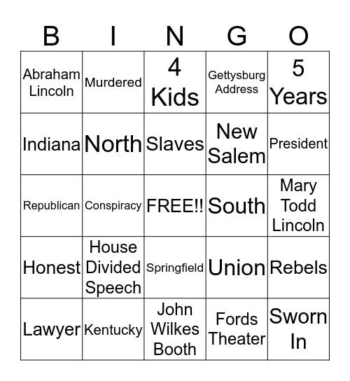 Abraham Lincoln Bingo Card