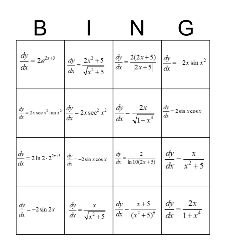 Derivatives Bingo Card