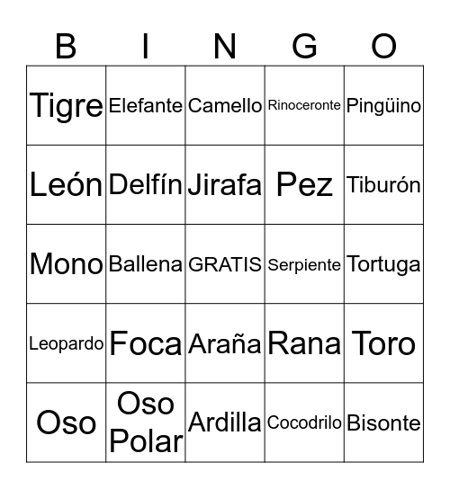 Bingo de los Animales Bingo Card