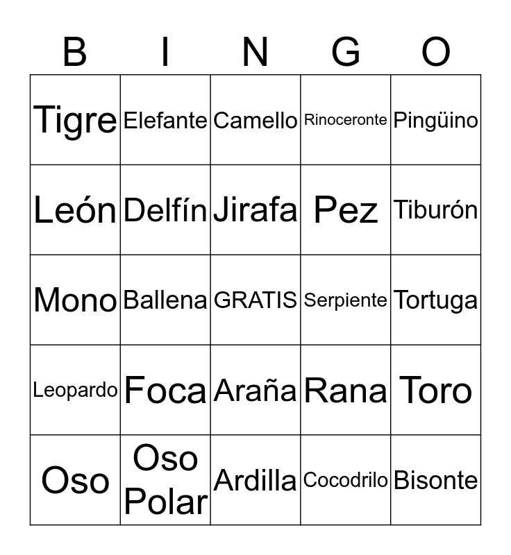 Bingo de los Animales Bingo Card