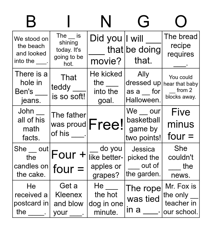 Homophone and Homograph Bingo Card