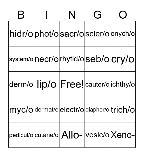 The Integumentary System Bingo Card
