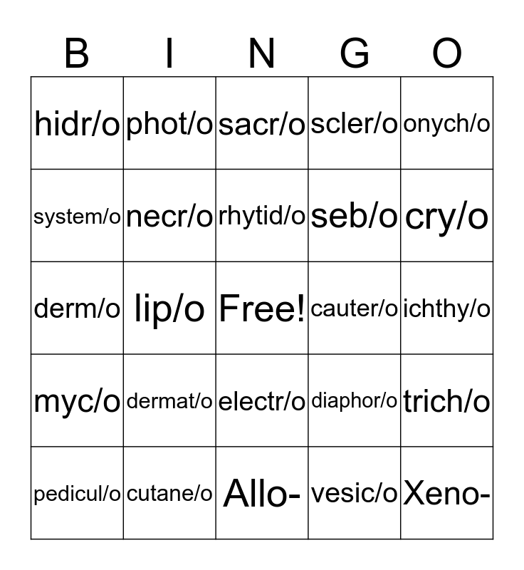 The Integumentary System Bingo Card