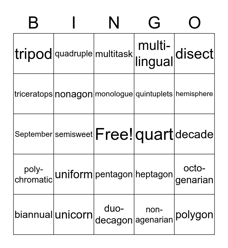 Number Prefixes Bingo Card