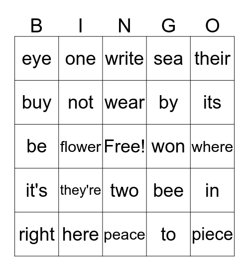 Homophones Bingo Card