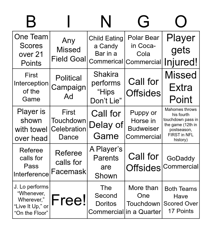 SUPERBOWL LIV Bingo Card